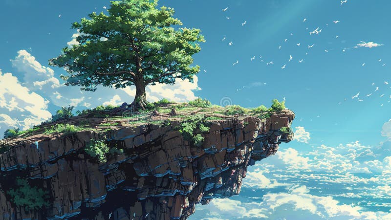 An Anime-style Tree Stands Atop a Rocky Outcrop with Clouds in the ...