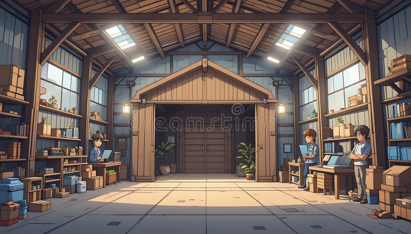 Anime-style Warehouse with Three Young Adults Working Stock ...