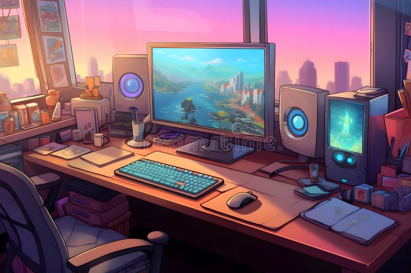 Anime Style Workspace with Computer and City View in Golden Hour ...