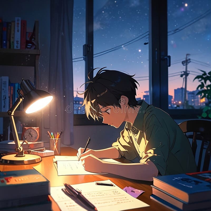 An Anime Style Young Boy Reading Under a Table Lamp at Night Created ...
