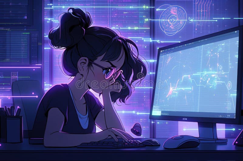 Anime Style of Young Woman Working with Computer Stock Illustration ...