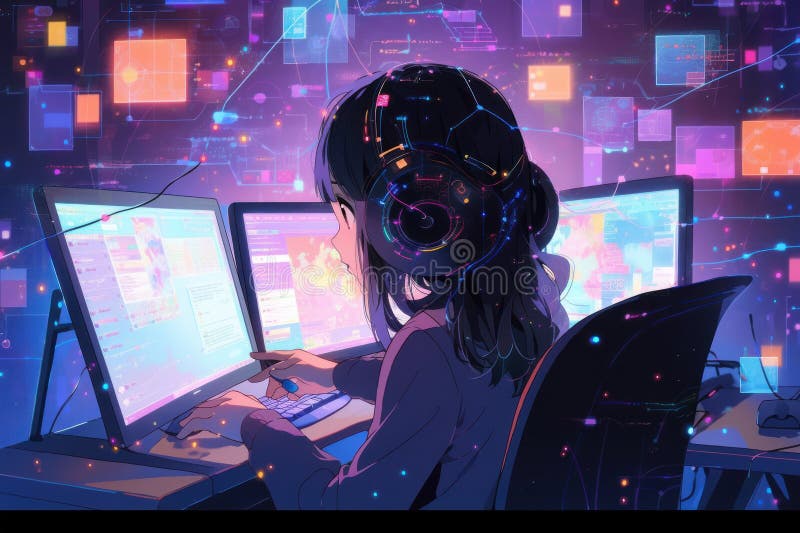 Anime Style of Young Woman Working with Computer Stock Illustration ...