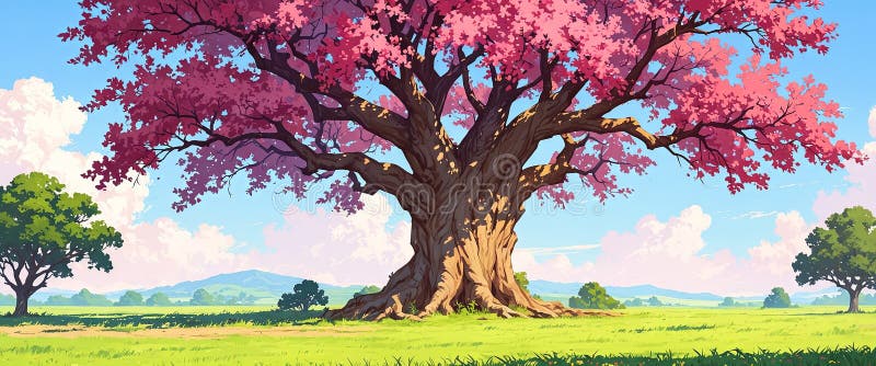 Anime Styled Pink Huge Oak Tree with Beautiful Fields. Anime Style ...