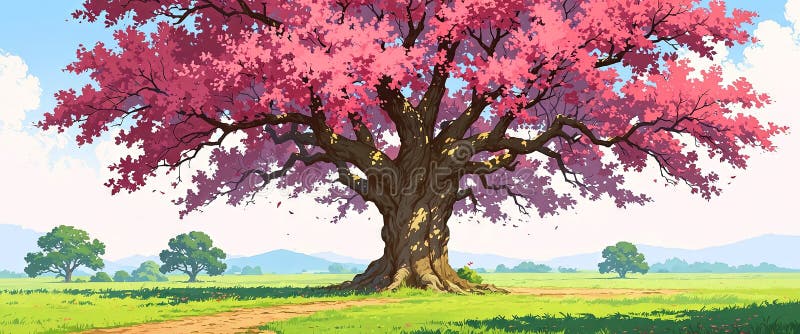 Anime Styled Pink Huge Oak Tree with Beautiful Fields. Anime Style ...