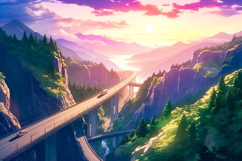 Anime Sunset on a Modern Road in the Mountains. Generative AI Stock ...