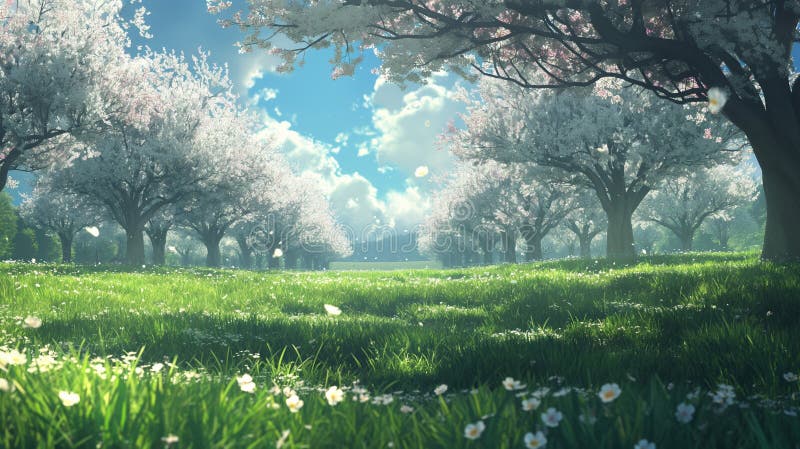 Anime Theme of the White Trees Field Stock Image - Image of green ...