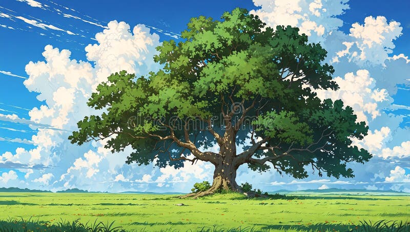 Anime Tree in the Middle of the Field with Clouds. Anime Style Stock ...