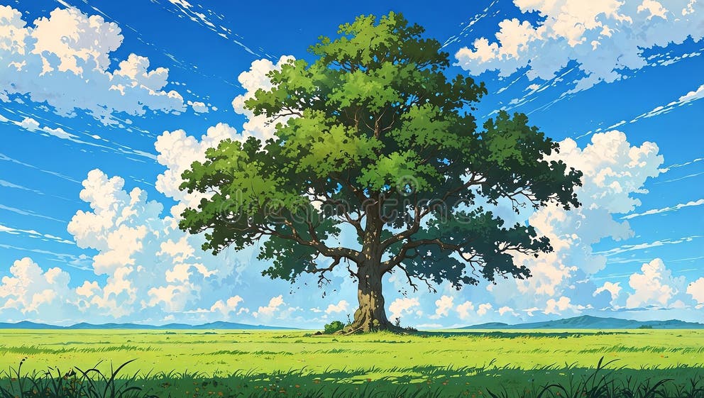 Anime Tree in the Middle of the Field with Clouds. Anime Style Stock ...