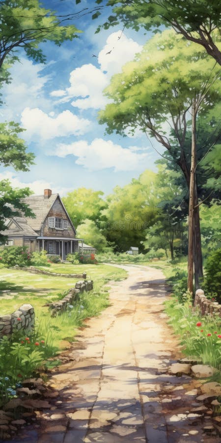 Lifelike Anime Illustration of Country Road and House Stock ...