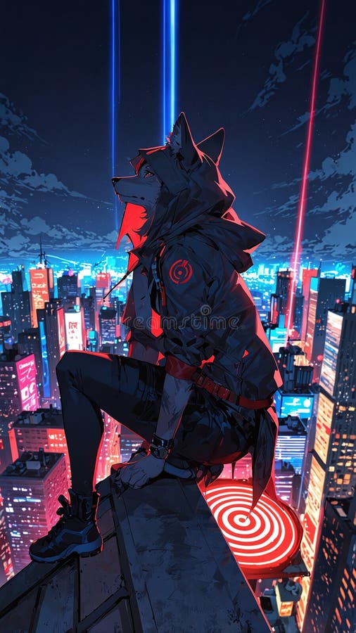 Anime Wolf Assassin Perched on a Rooftop Looking Down at a Target in a ...