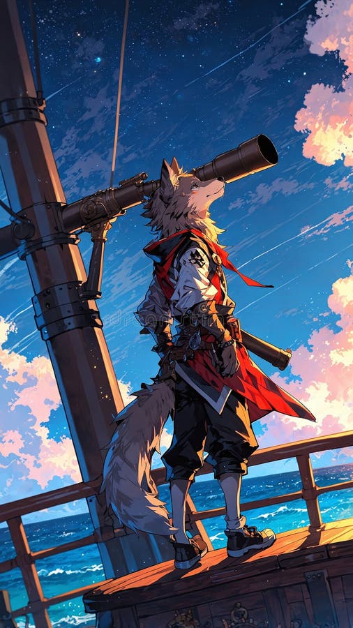 Anime Wolf Pirate Captain Standing on a Ship Looking Out at the Ocean ...