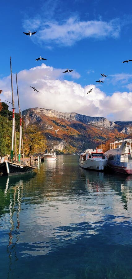 Annecy Mountain Ocean Boats Fall Editorial Photography - Image of boats ...