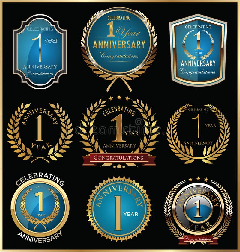 Anniversary Gold and Blue Labels Collection, 1 Year Stock Illustration ...