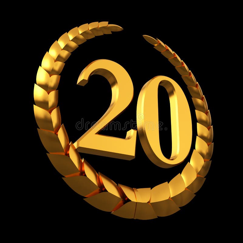 Anniversary Golden Laurel Wreath and Numeral 20 on Black Background ... Anniversary Golden Laurel Wreath and Numeral 20 on Black Background ...