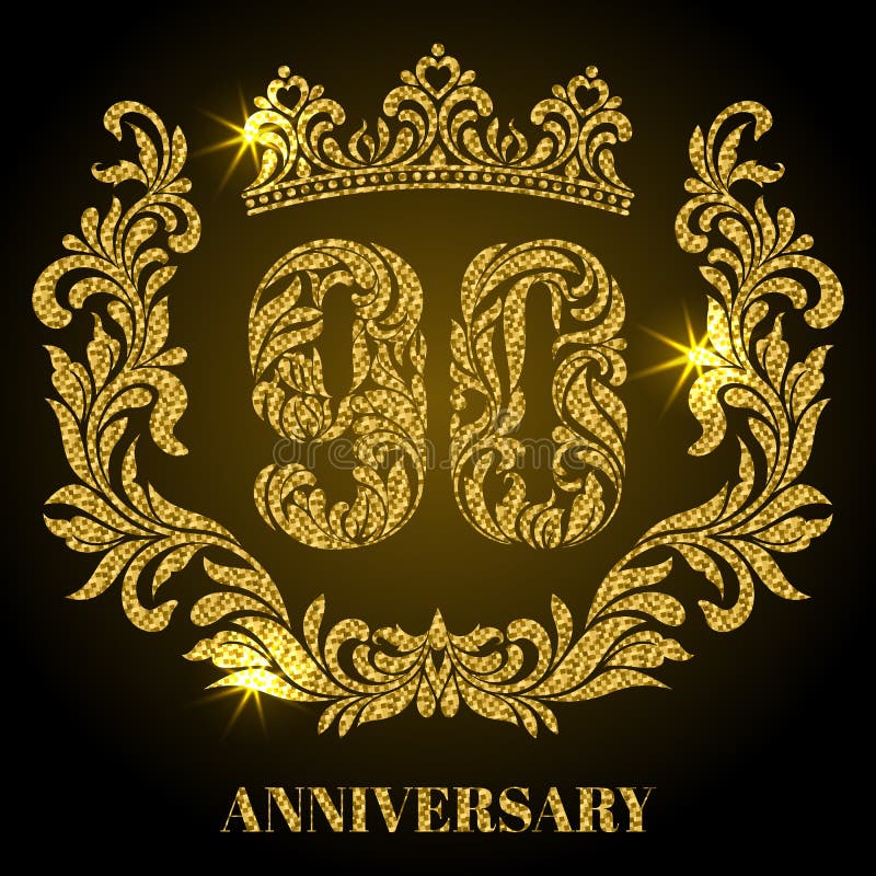 Anniversary of 90 Years. Digits, Frame and Crown Made in Swirls Stock ...