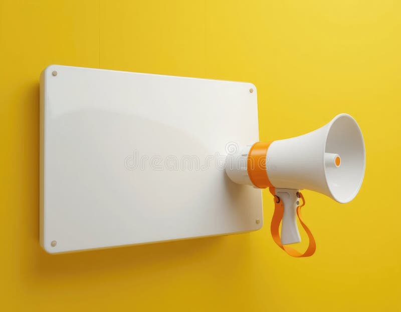 Announcing with Megaphone on Board Against Yellow Background ...