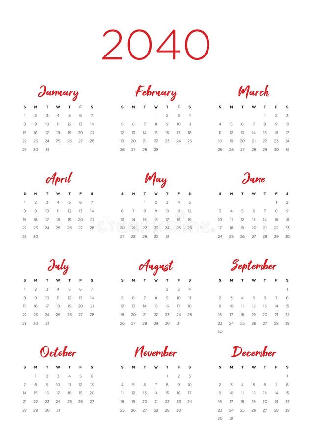 2040 Calendar with the Weeks Start on Monday Stock Vector ...