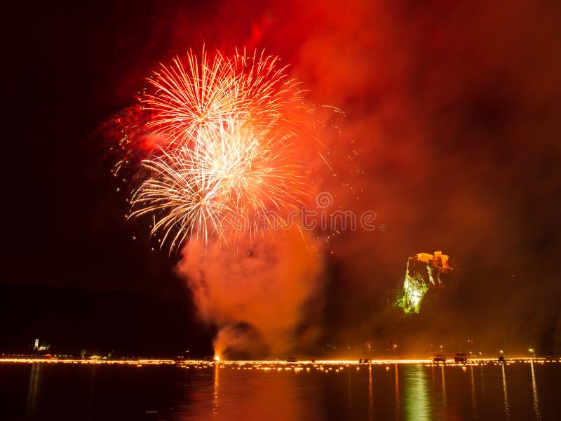 Annual Midnight Fireworks at Lake Bled, Red Color Stock Image - Image ...