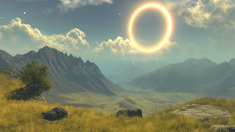 Annular Solar Eclipse Over Majestic Mountains and Valley Stock ...