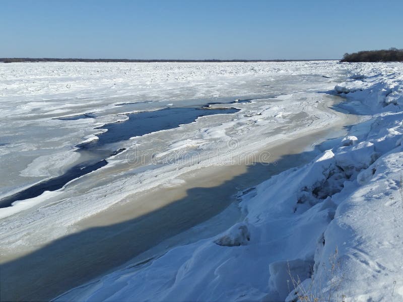 Anomalously Cold Spring. River is Covered with Ice Stock Photo - Image ...