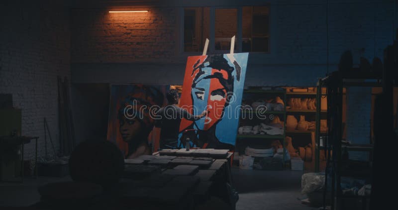 Anonymous Artist Painting Portrait in Dark Studio Stock Image - Image ...