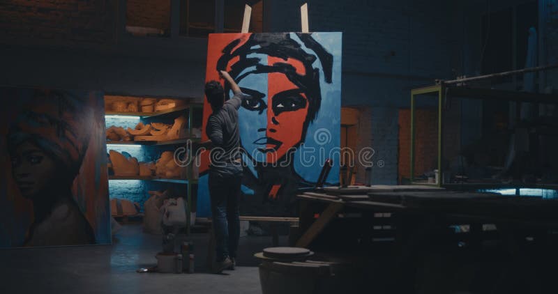 Anonymous Artist Painting Portrait in Dark Studio Stock Photo - Image ...