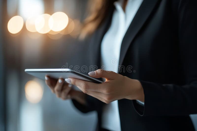 Anonymous Business Woman Engages with a Virtual Screen on a Tablet in a ...