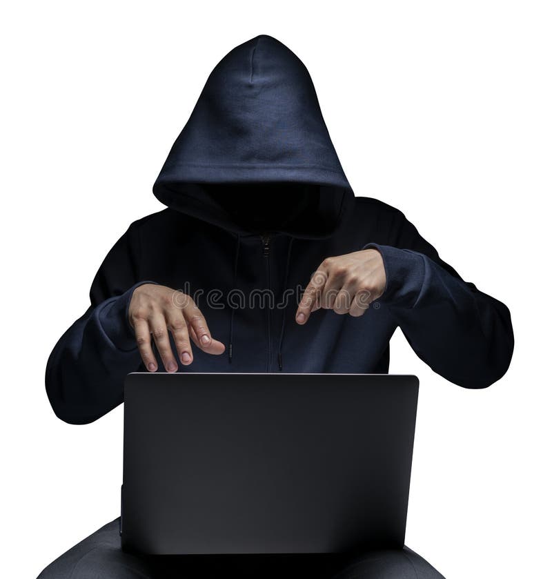 Hacker with Hood Holding a Credit Card and Using a Laptop in Frond of ...
