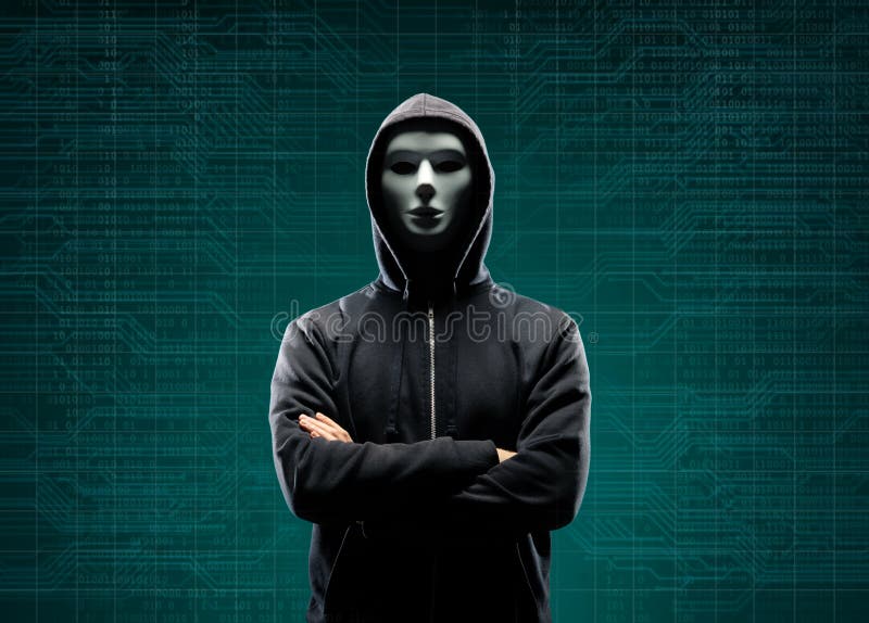 Anonymous Computer Hacker with a Smartphone Over Abstract Digital ...