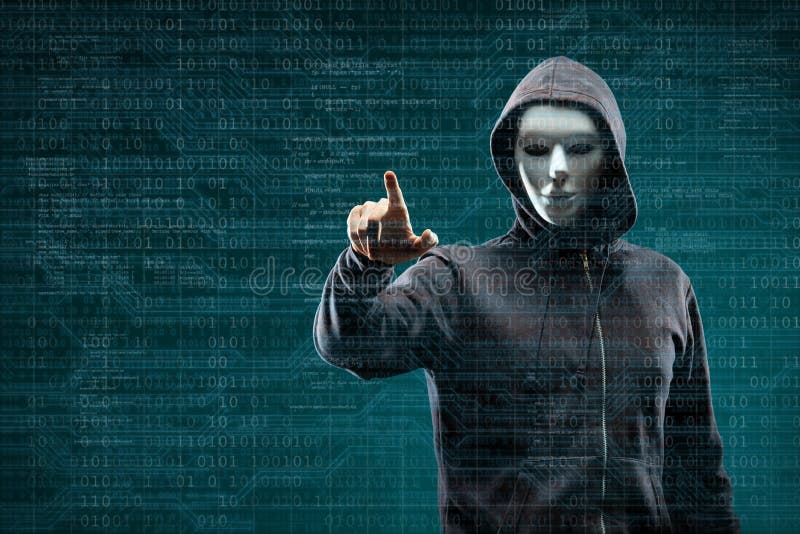 Anonymous Computer Hacker Over Abstract Digital Background. Obscured ...