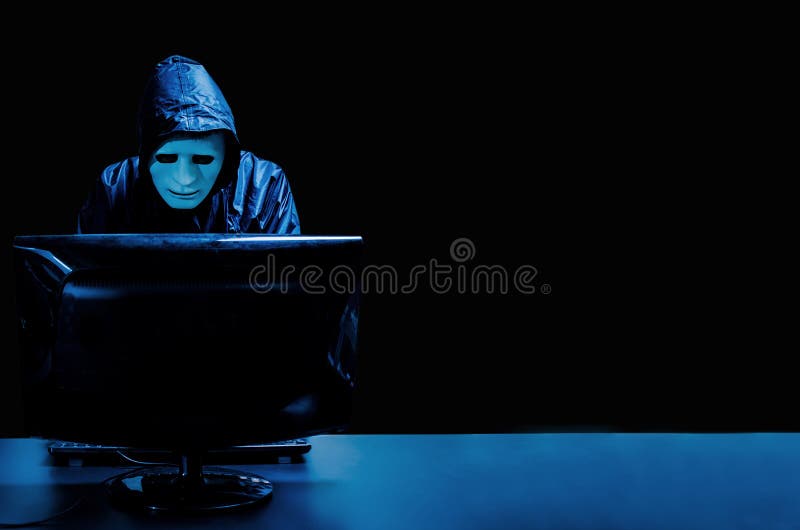 Anonymous Computer Hacker In White Mask And Hoodie. Stressful Male ...