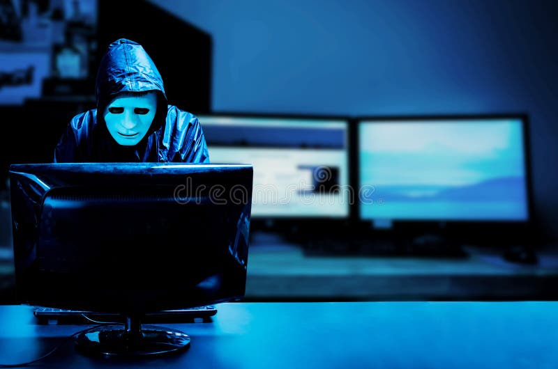 Anonymous Computer Hacker in White Mask and Hoodie. Obscured Dark Face ...
