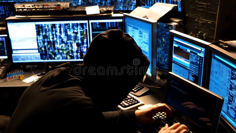 Anonymous Hacker In Dark Attire Types On A Keyboard Surrounded By Multiple Monitors Displaying