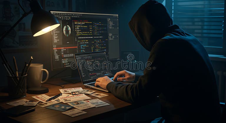 Anonymous Hacker Committing Identity Theft in a Dark Room. Stock ...