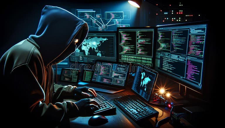 Anonymous Hacker in Dark Room with Multiple Monitors Displaying Code and Cybersecurity Data ...