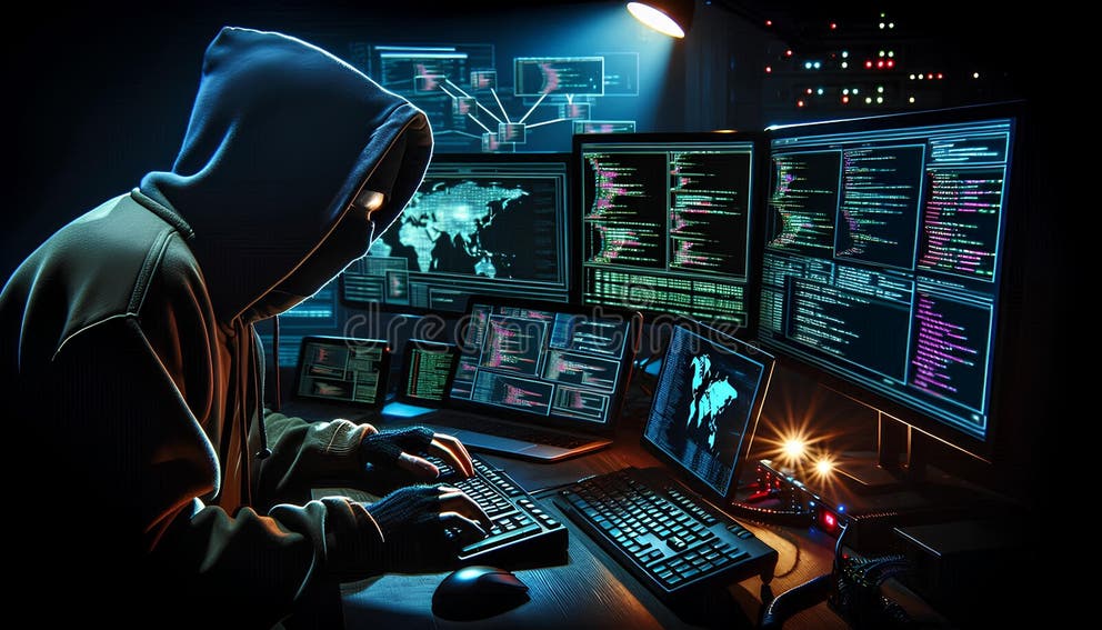 Anonymous Hacker in Dark Room with Multiple Monitors Displaying Code and Cybersecurity Data ...
