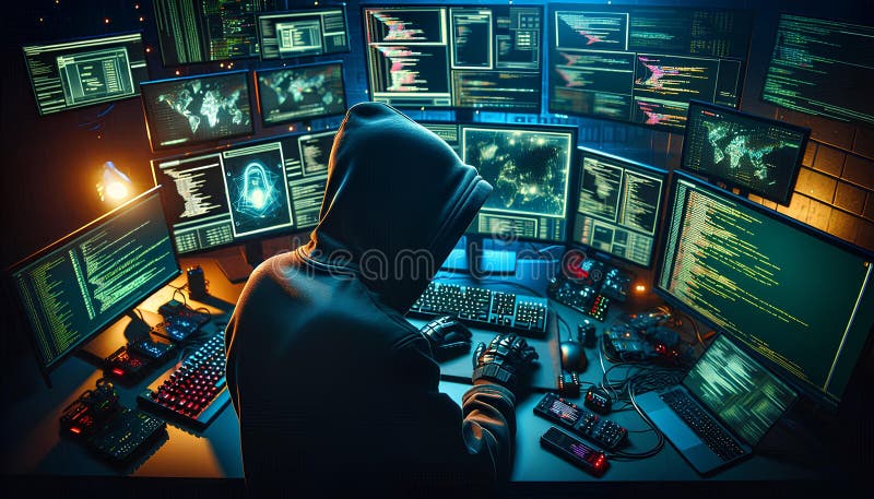 Anonymous Hacker in Dark Room with Multiple Monitors Displaying Code ...
