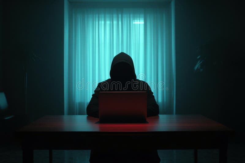 Anonymous Hacker in a Dark Room Working on a Laptop Illuminated by Soft ...