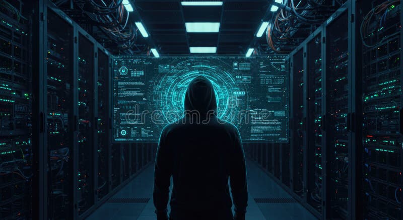 Anonymous Hacker in Data Center with Futuristic Interface Stock Image - Image of electronics ...