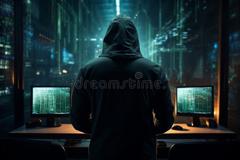 Anonymous Hacker with a Hood, Full Rear View, Coding Stock Illustration ...
