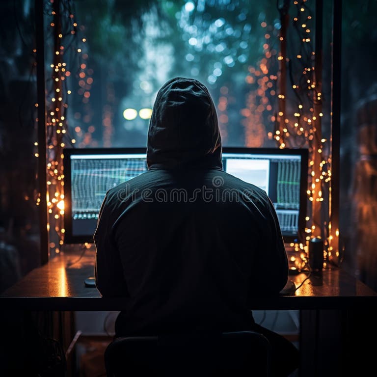 Anonymous Hacker with a Hood, Full Rear View, Coding Stock Illustration ...