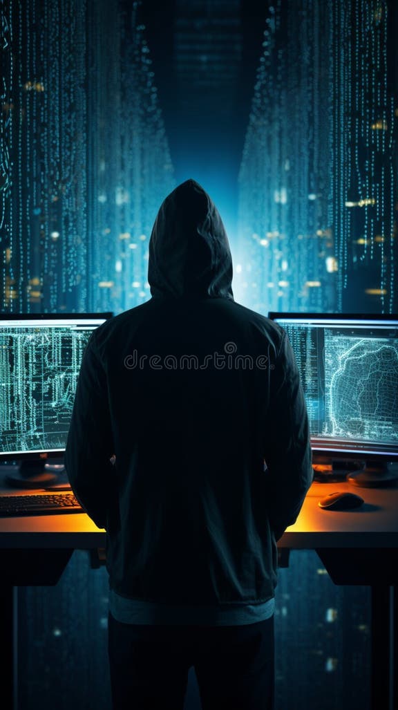 Anonymous Hacker with a Hood, Full Rear View, Coding Stock Illustration ...