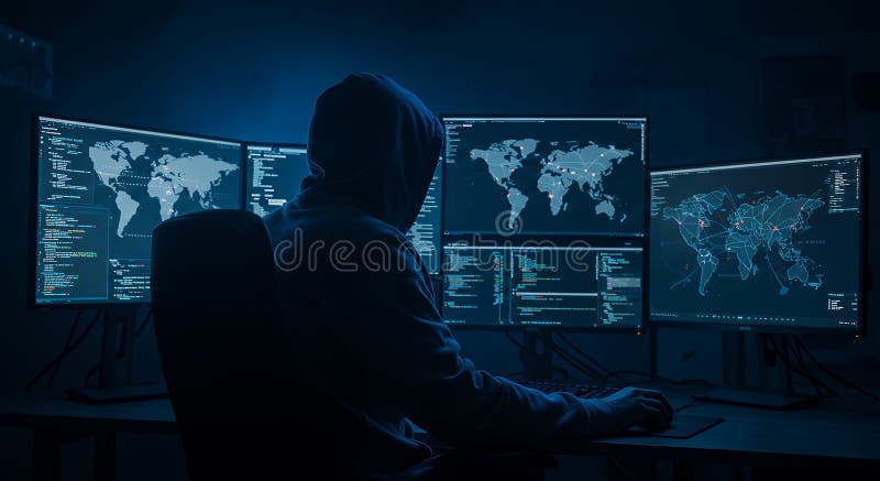Anonymous Hacker In Hoodie Exploiting Global Network With Multiple