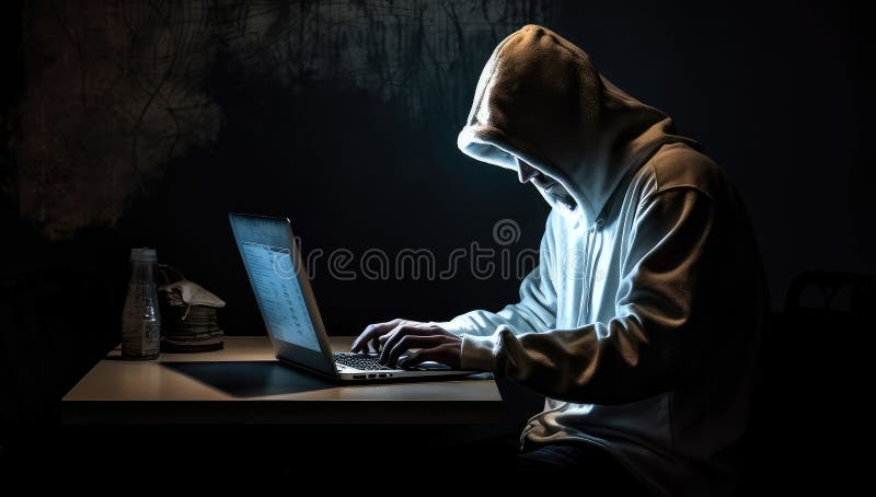 Anonymous Hacker in Hoodie Using Computer Laptop for Organizing Massive ...