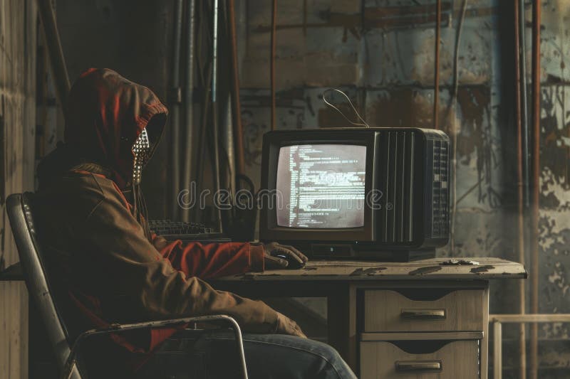 Anonymous Hacker Next To Vintage Computer Stock Illustration ...