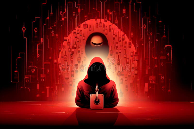 Anonymous Hacker in Red Light. Numbers and Lock with Hooded Figure ...