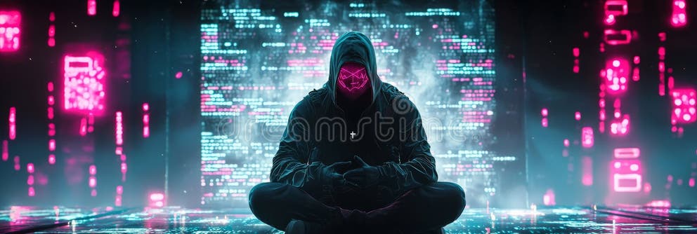 Anonymous Hacker Screen Filled with Overlapping Digital Noise, Masked Commands, and Neon ...