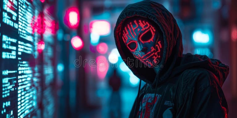 Anonymous Hacker Screen Filled with Overlapping Digital Noise, Masked Commands, and Neon ...