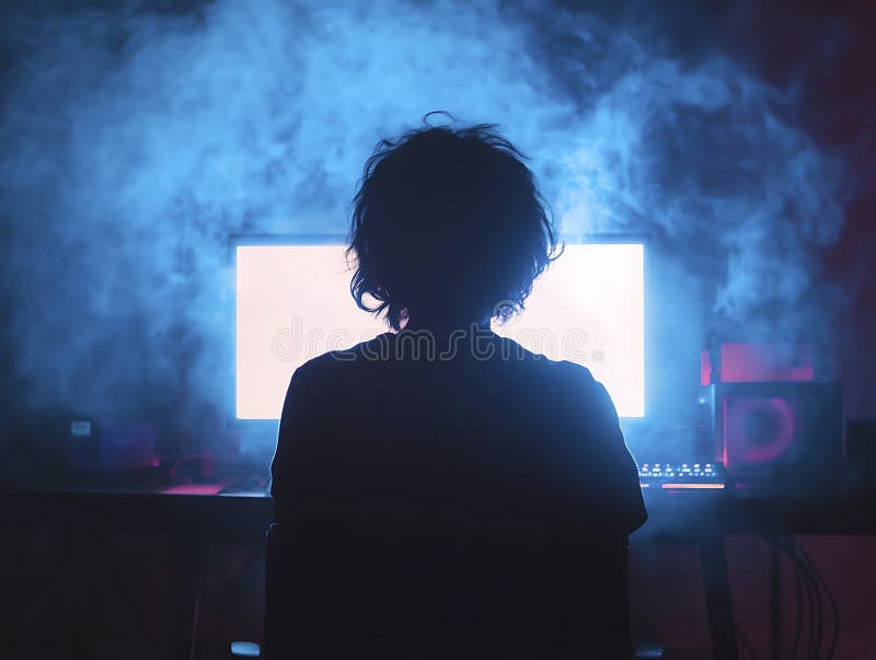 Anonymous Hacker Silhouette in Blue Tech Room at Night Stock Photo ...