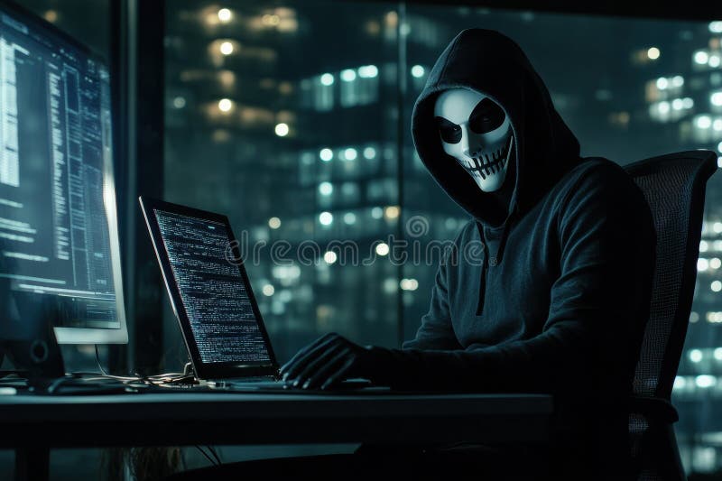 Anonymous Hacker in Skull Mask Uses Computer in Dark Room Stock ...